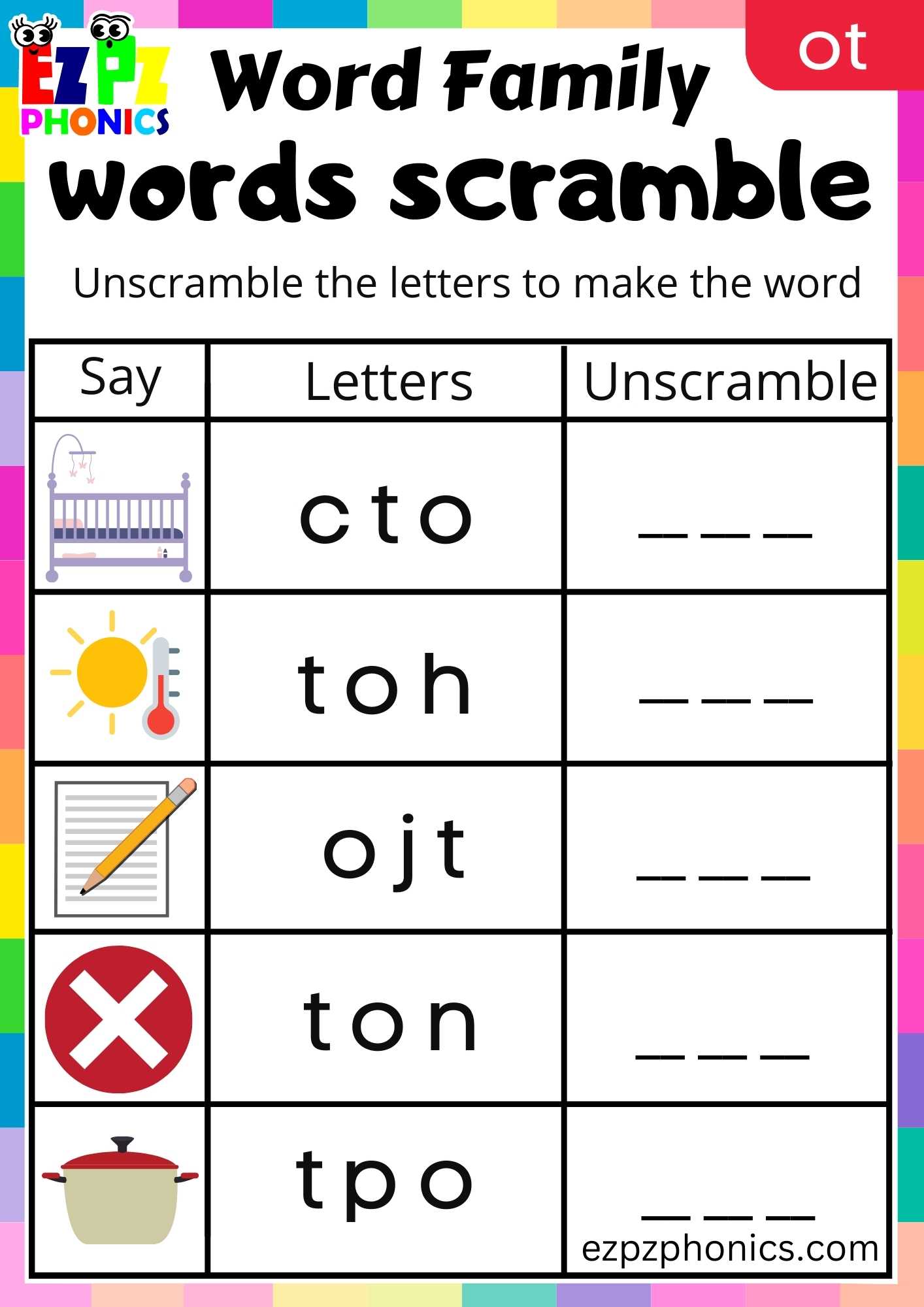OT Words Words Scramble Phonics Word Families Worksheet Ezpzphonics